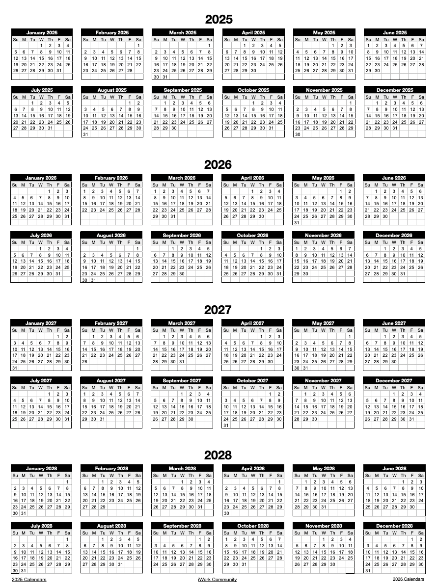 2025-2028 Portrait 4-Year Calendar Template for Numbers • iWorkCommunity