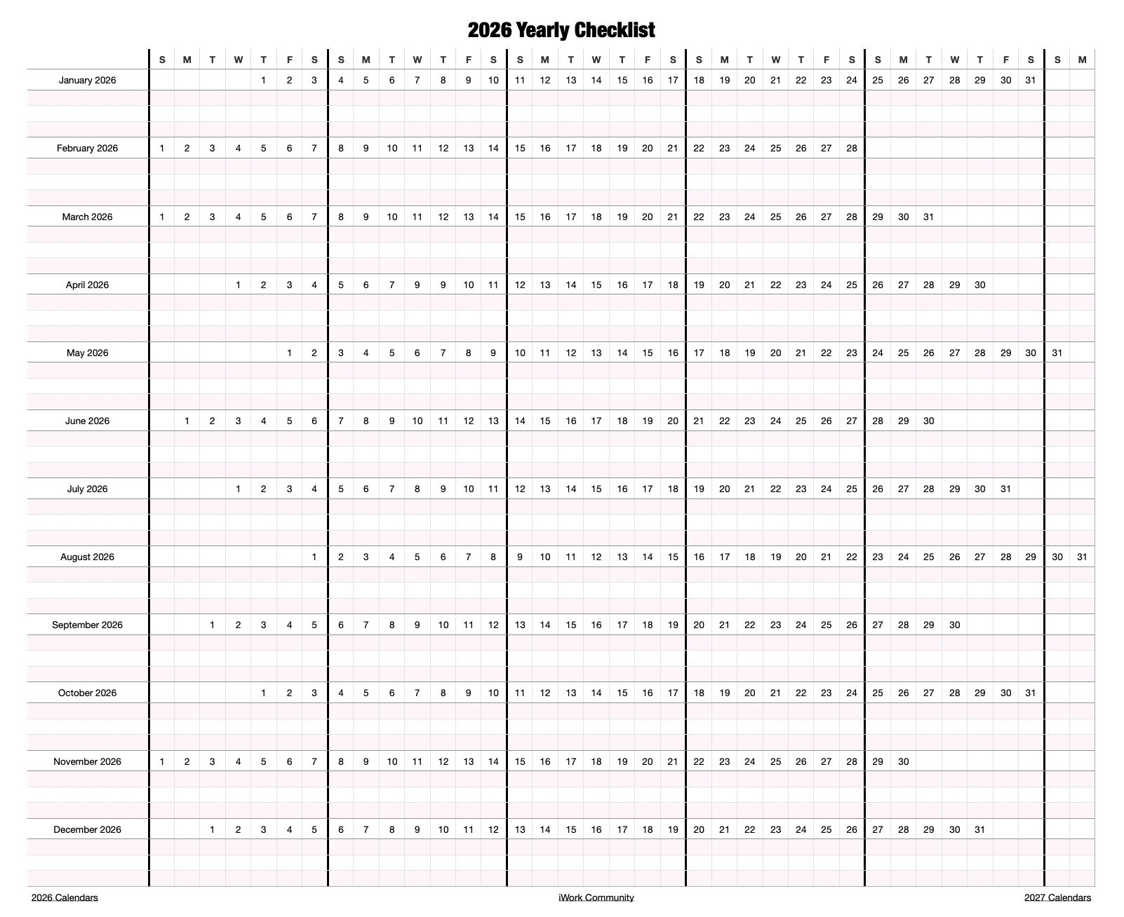 2026 Horizontal Yearly Checklist Calendar Template for Numbers ...